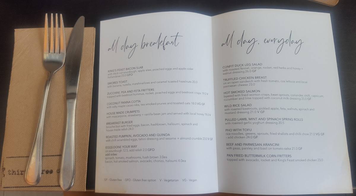 Menu at Thirty Three Cups restaurant, Ulverstone