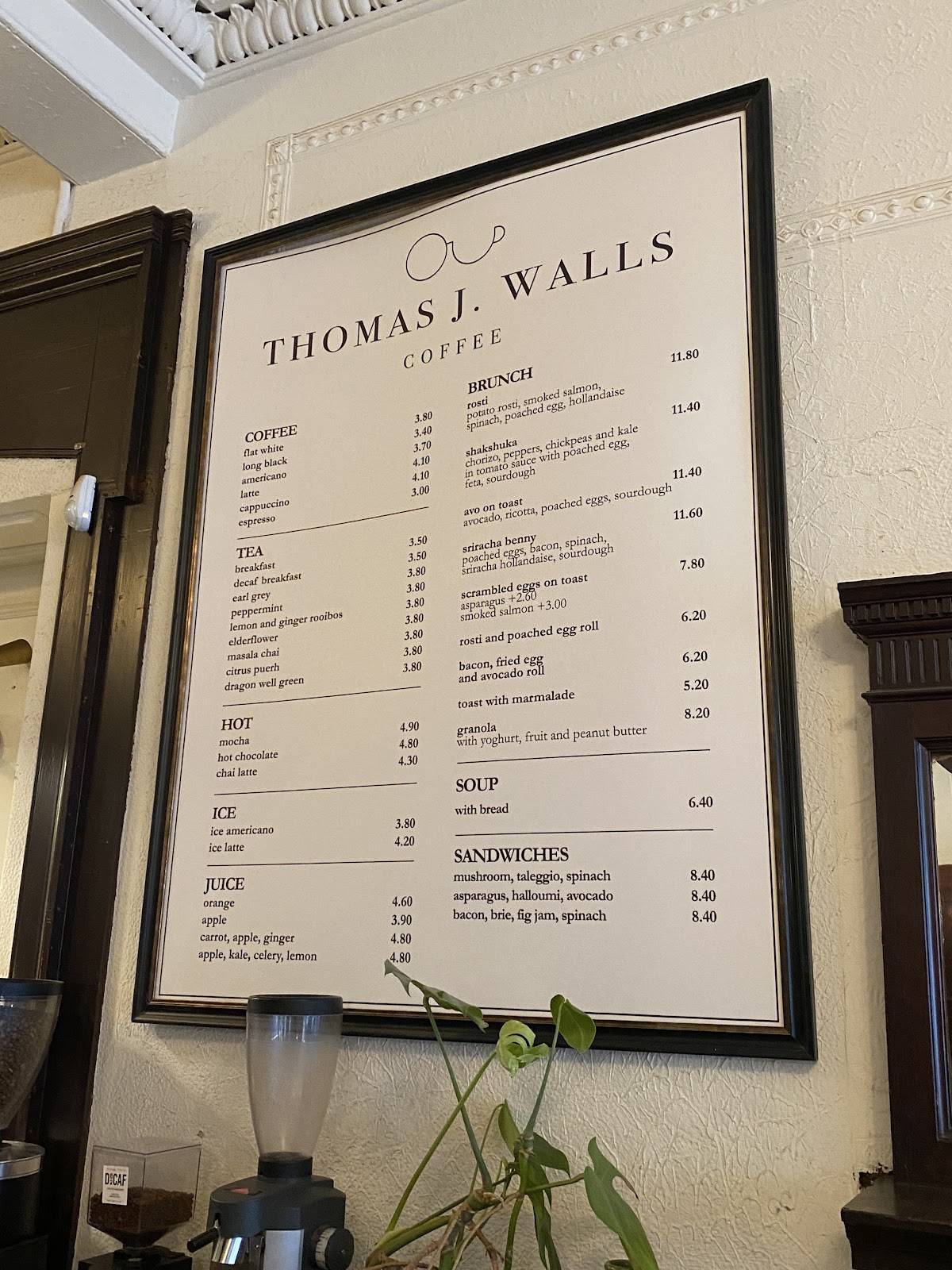 Menu at Thomas J Walls Coffee cafe, Edinburgh