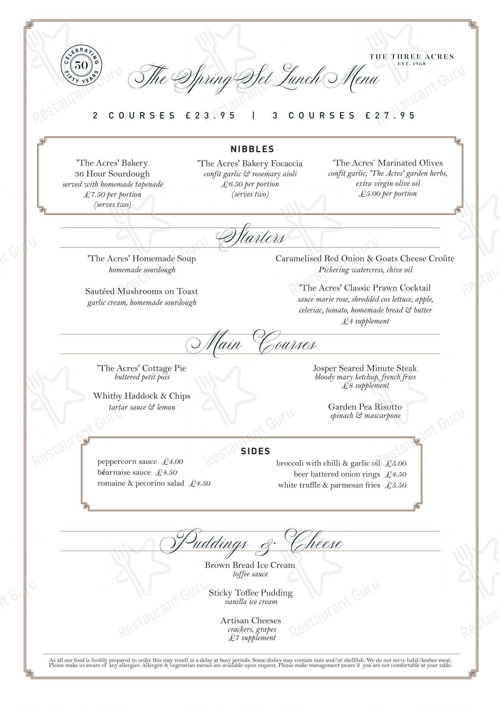 Menu at Three Acres Inn & Restaurant, Huddersfield, Three Acres Inn