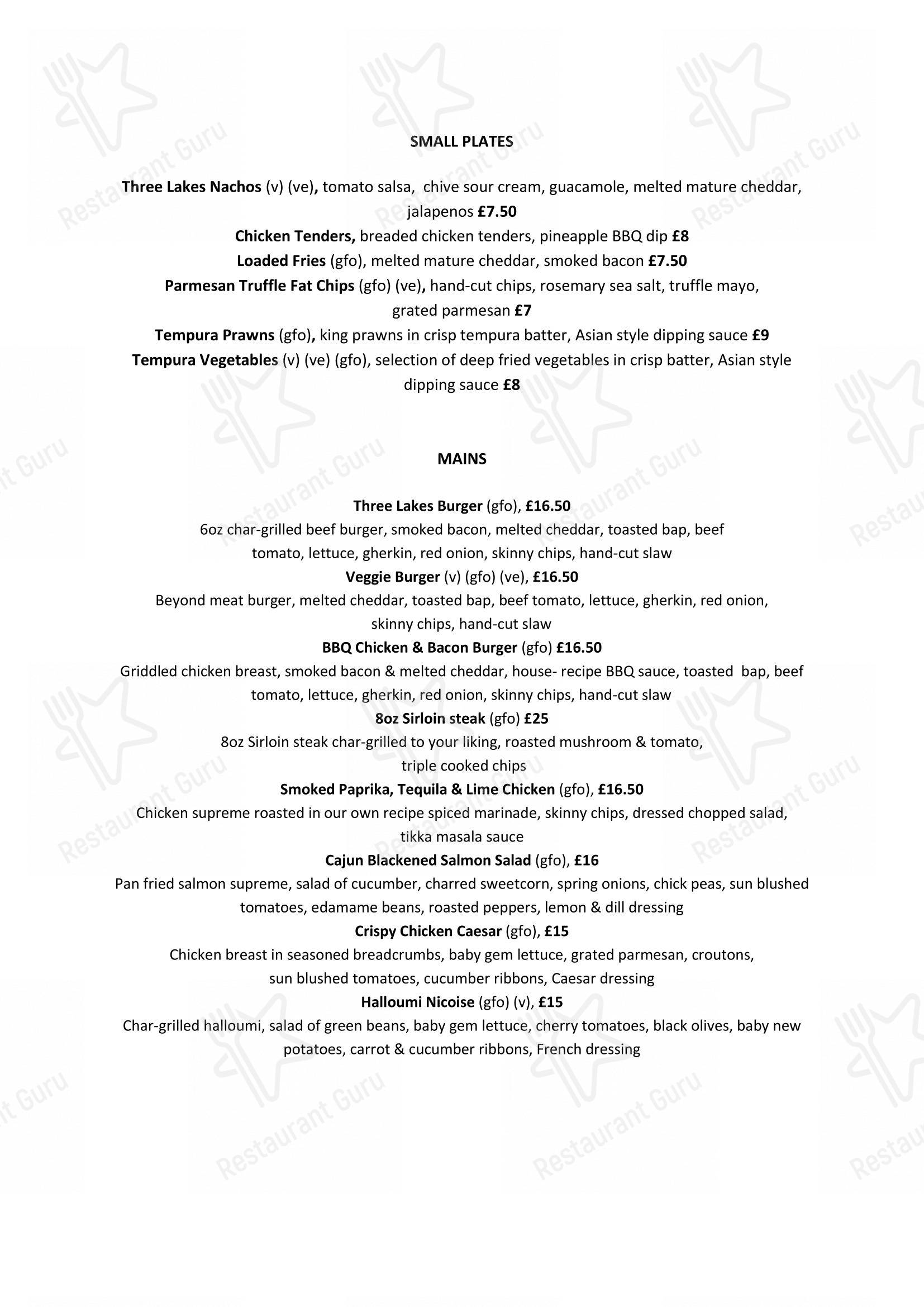 Menu at Three Lakes restaurant, Ware