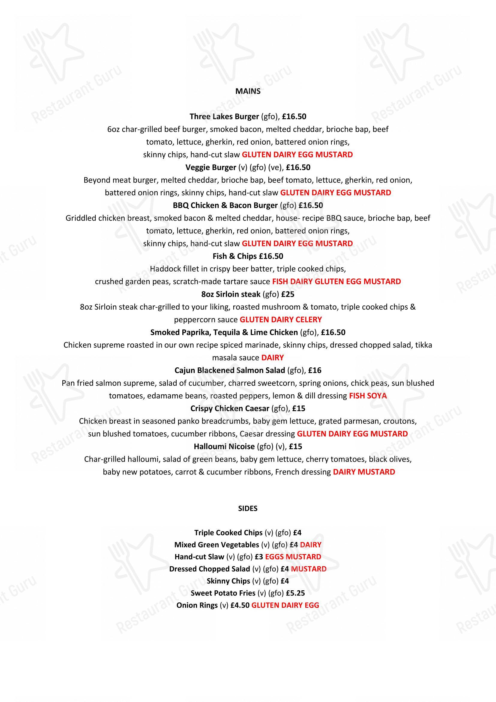 Menu at Three Lakes restaurant, Ware