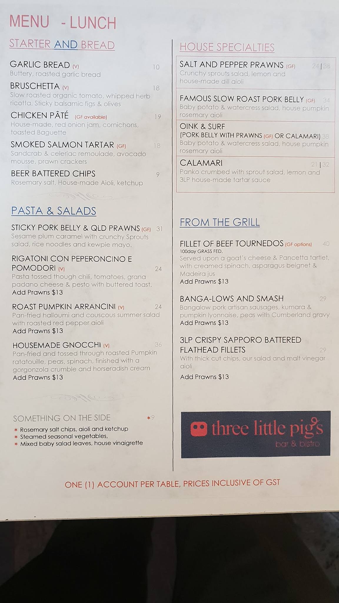 Menu at Three Little Pigs Bar & Bistro, Tamborine Mountain