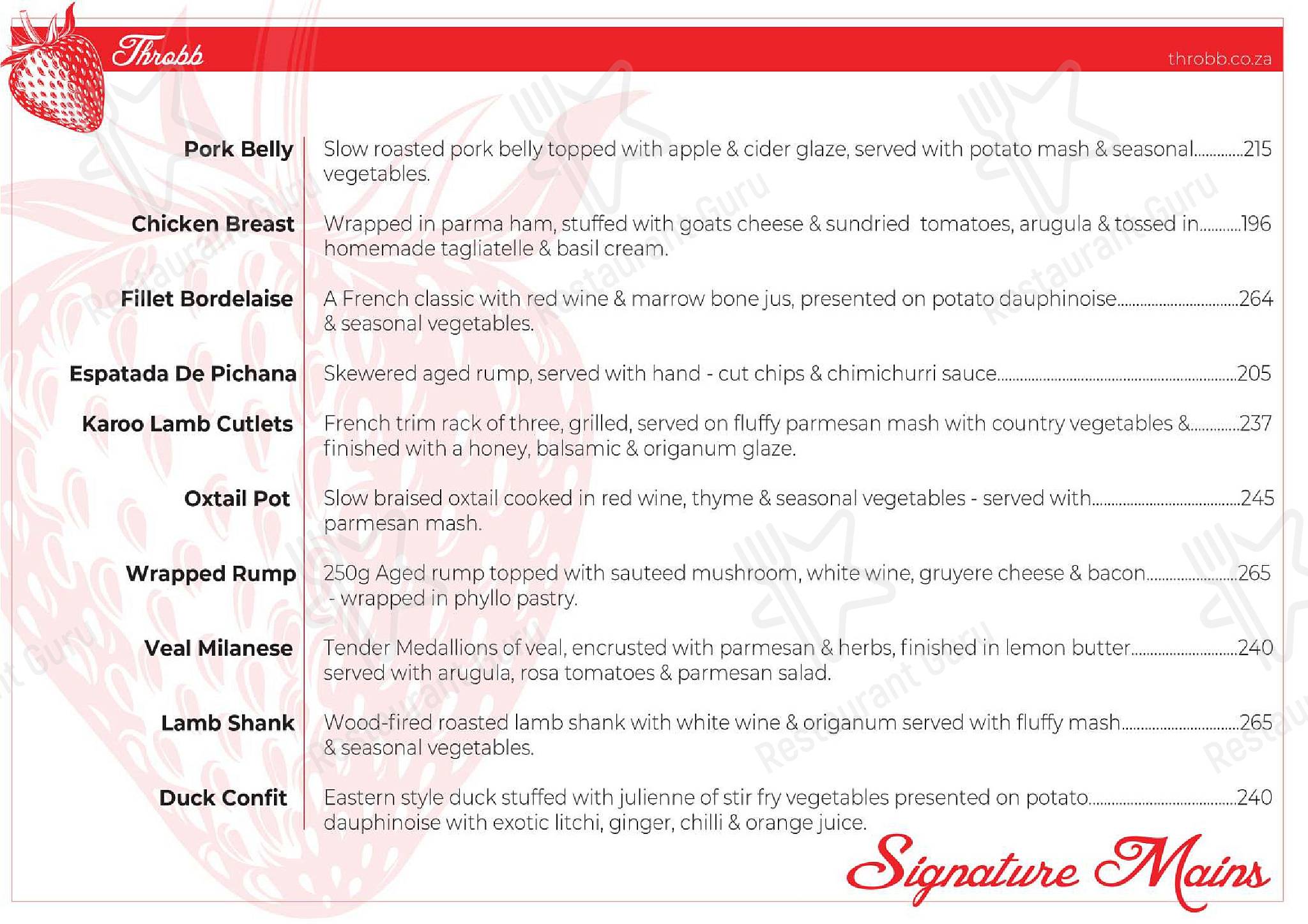 Menu at Throbbing Strawberry restaurant, Johannesburg