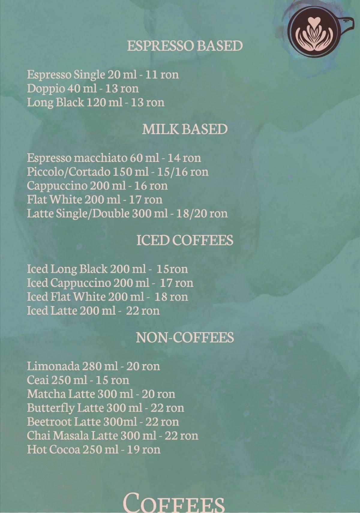 Menu at Throwback Coffee, Bucharest