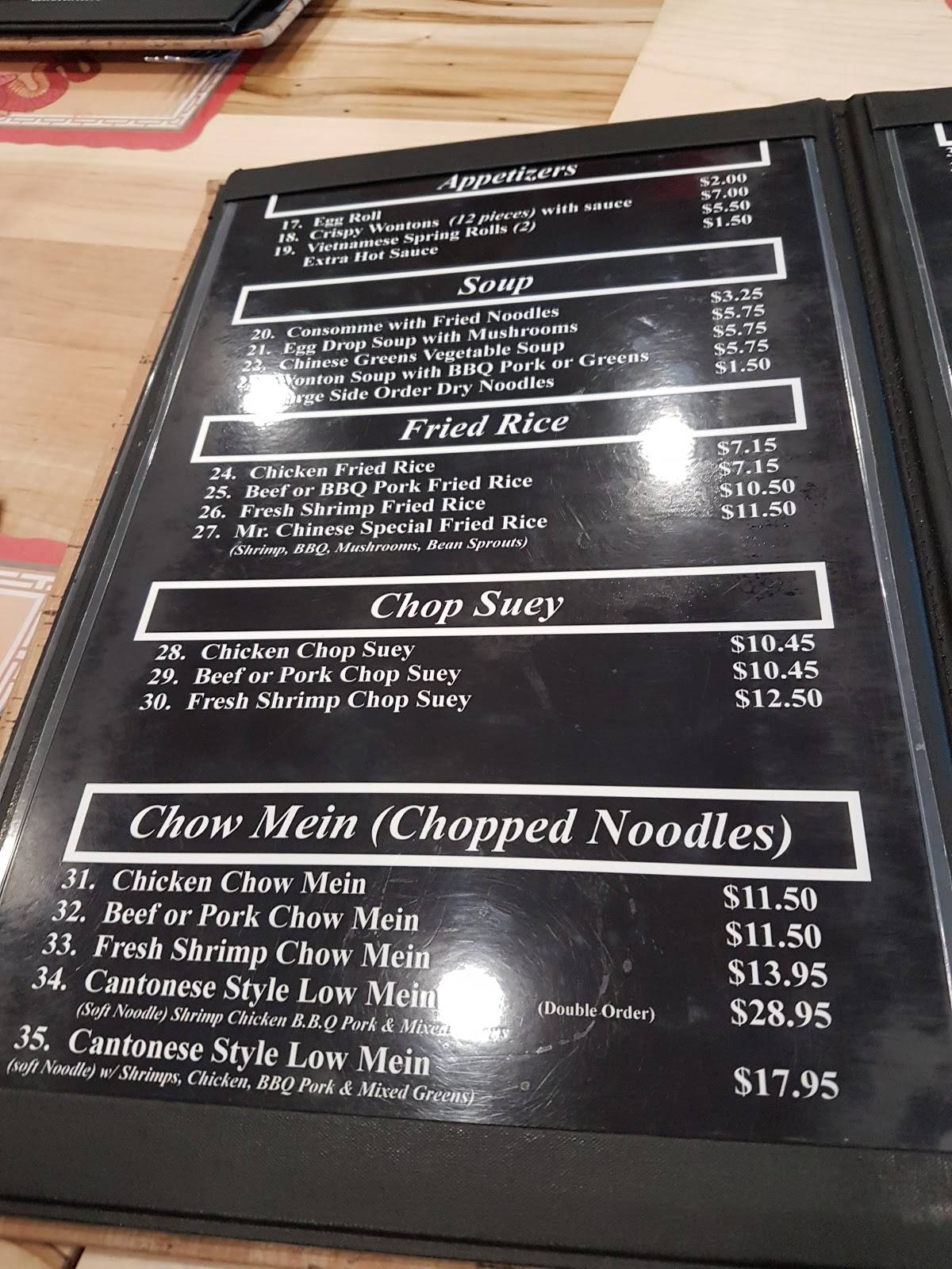 Menu at Mr. Chinese restaurant, Thunder Bay