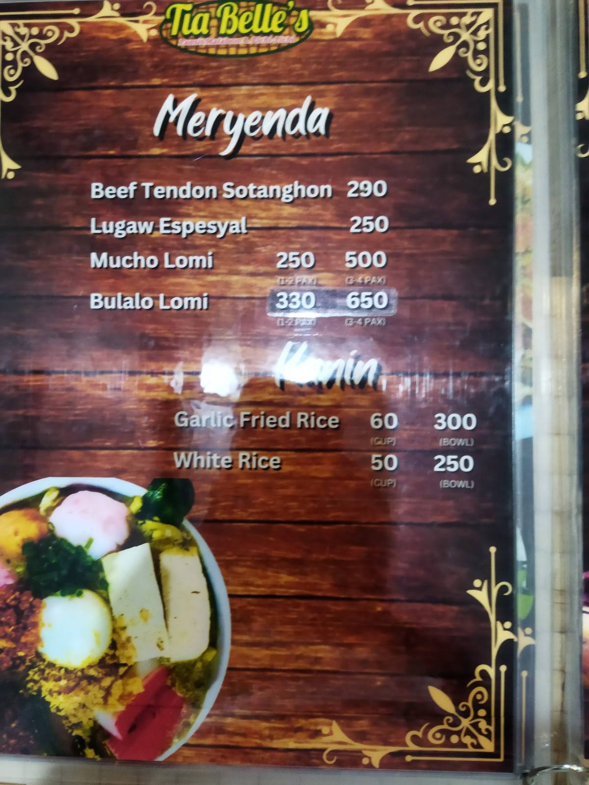 Menu at Tia Belle' Restaurant - Pansit Malabon & Pichi-Pichi, Silang