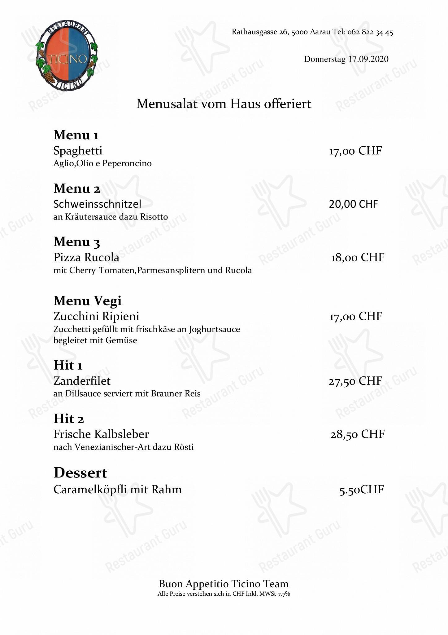 Speisekarte von Restaurant Ticino, Aarau, Rathausgasse 26