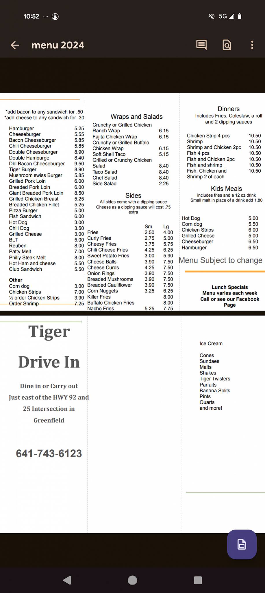 Menu at Tiger Drive-In restaurant, Greenfield, 610 SE Kent St