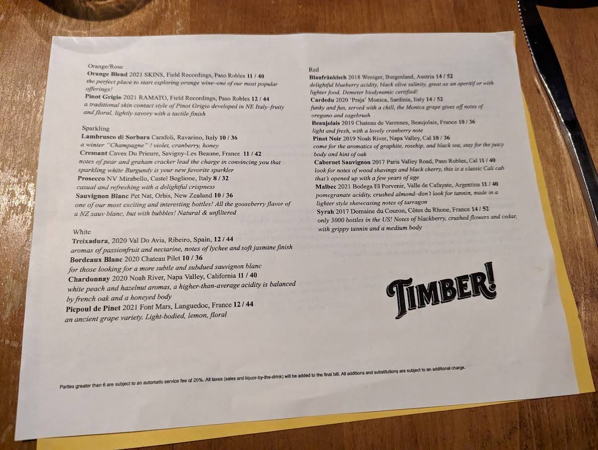 Menu at Timber! pub & bar, Johnson City