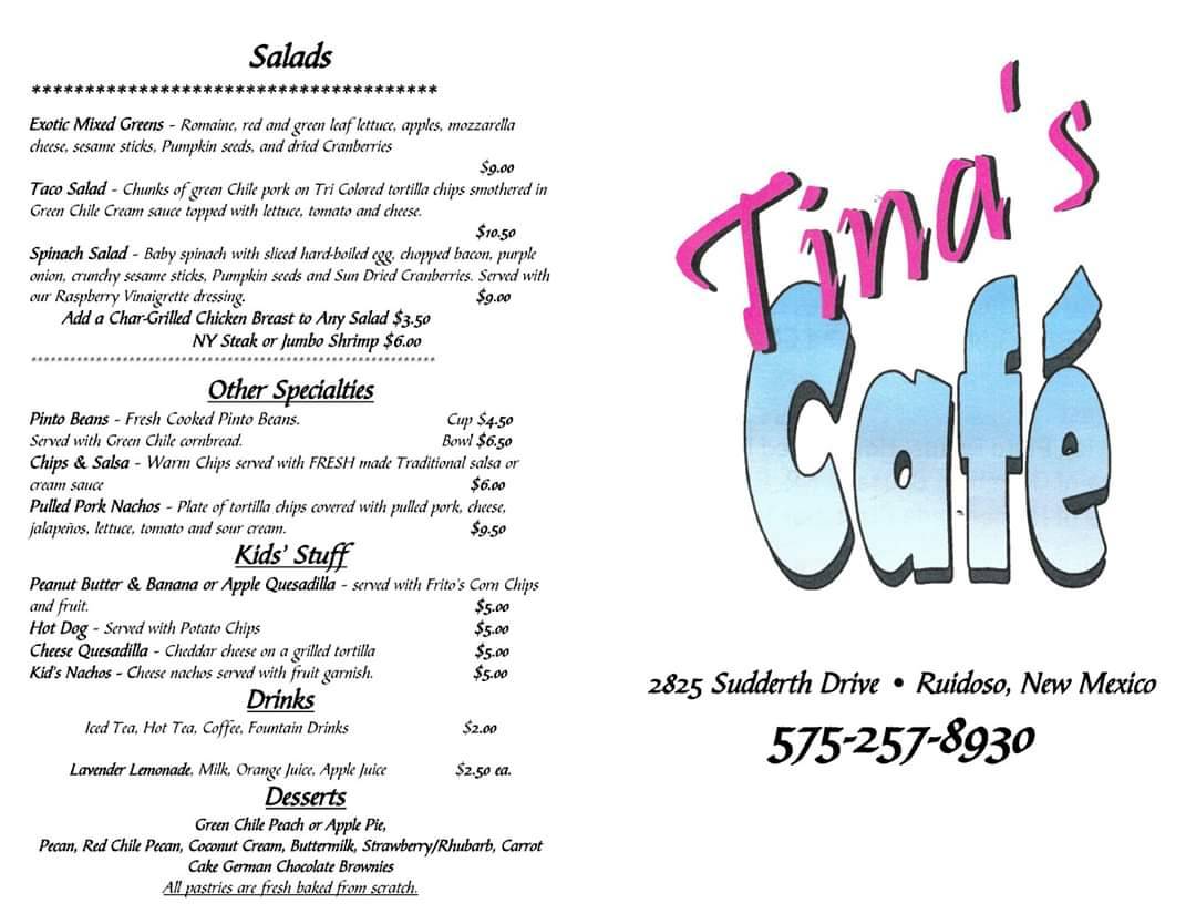 Menu at Tina's Cafe, Ruidoso, Sudderth Dr