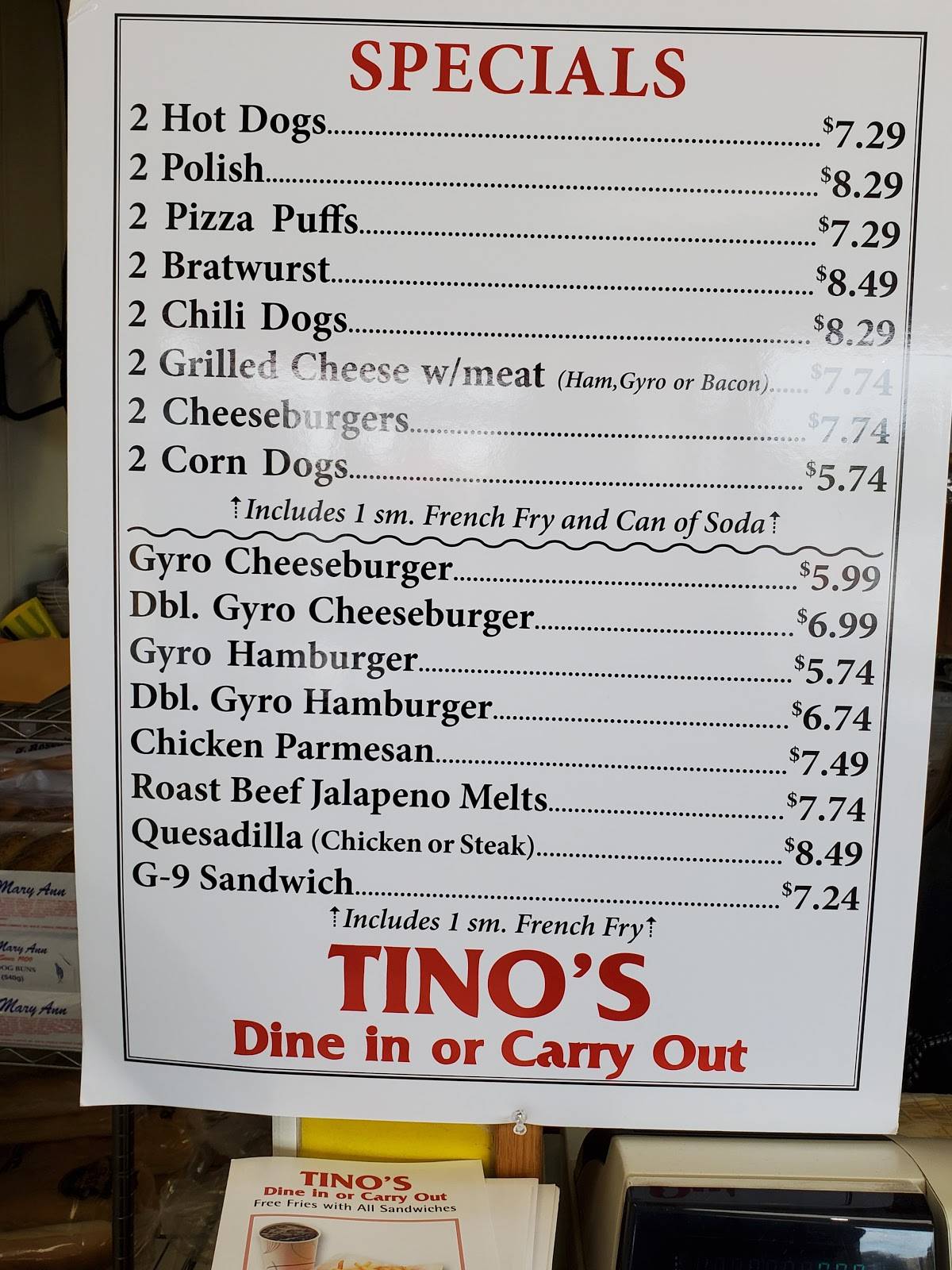Menu at Tino's Carry Out fast food, Racine, Lathrop Ave