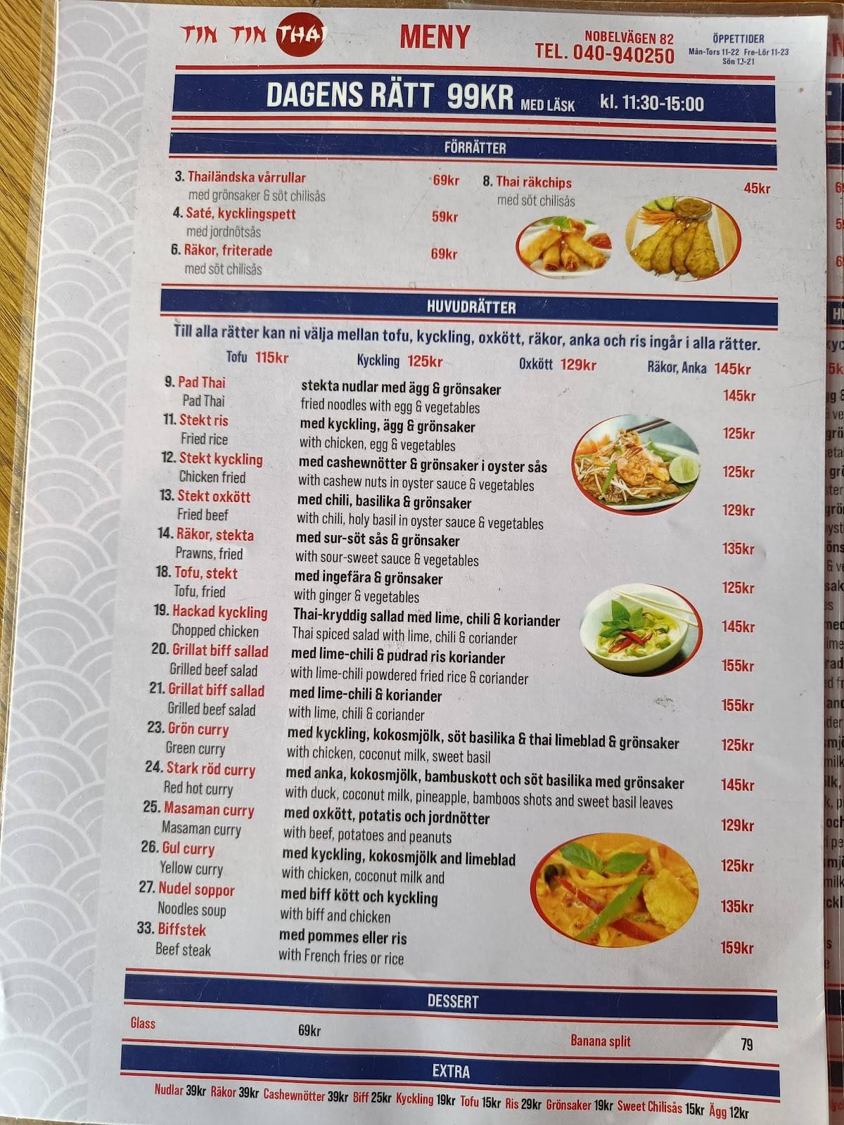 Menu at Tintin restaurant, Malmö