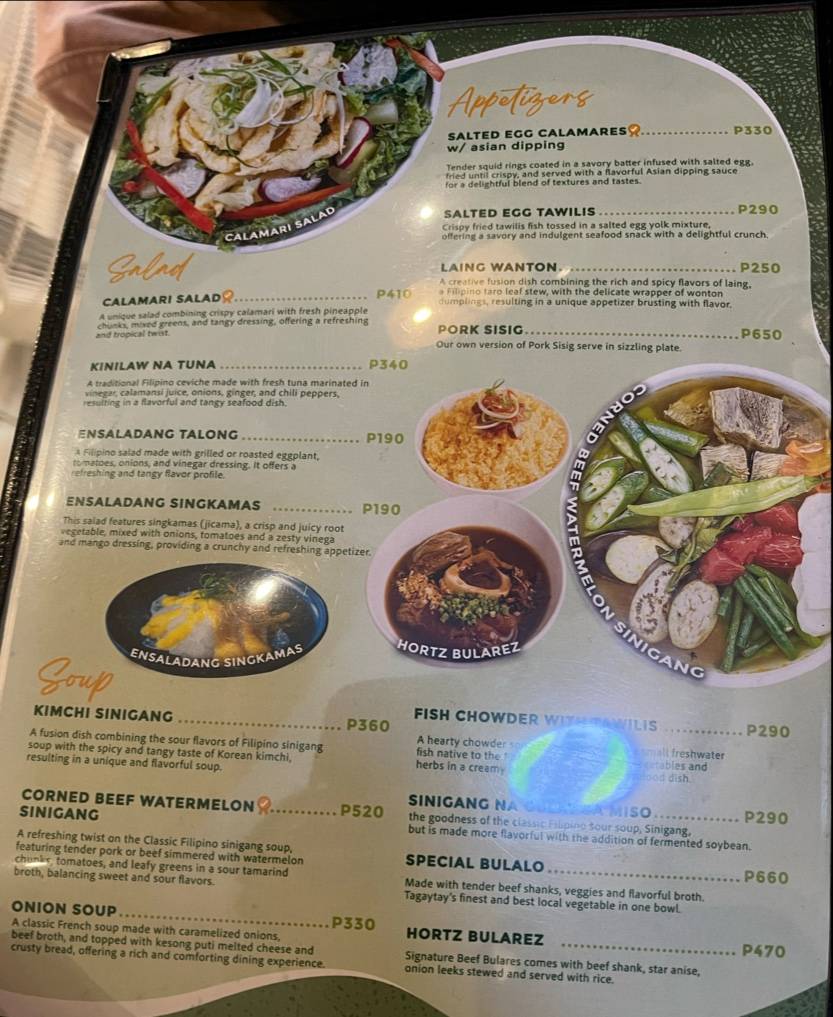 Menu at Tipanan Restaurant, Tagaytay