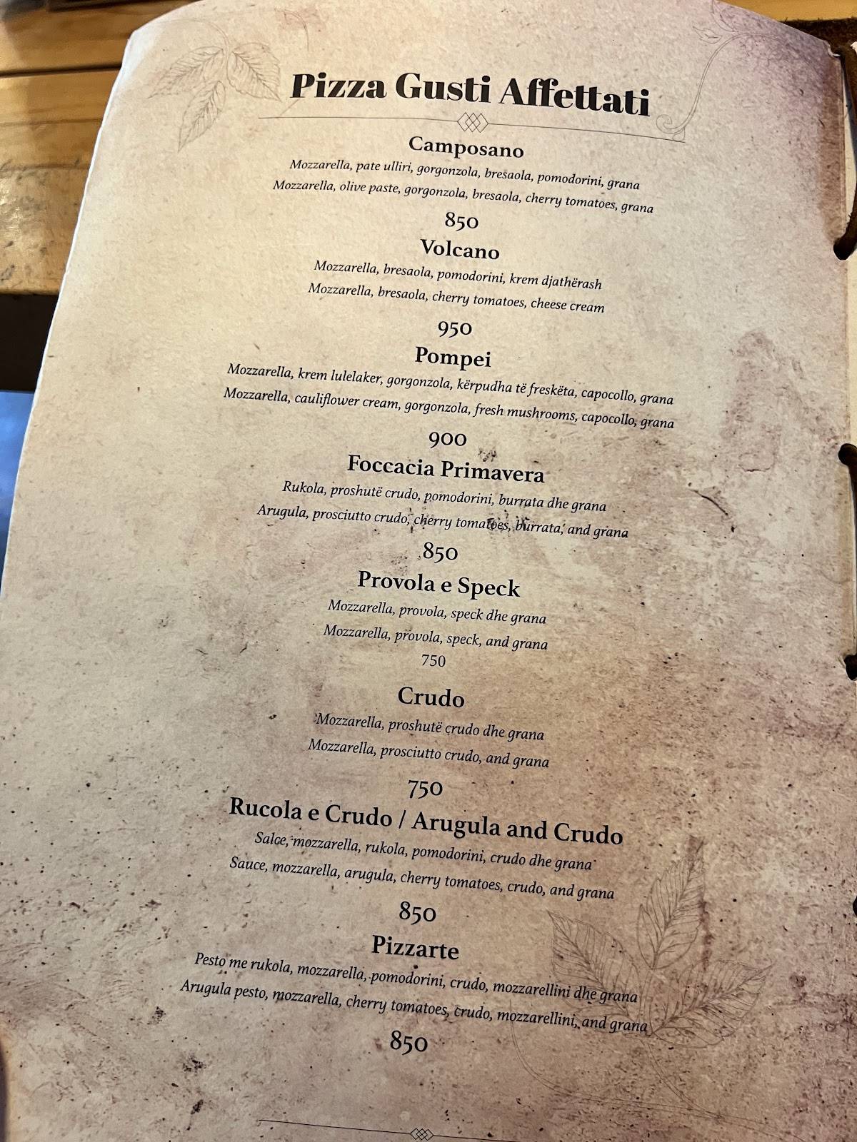 Menu at Pizzarte restaurant, Tirana