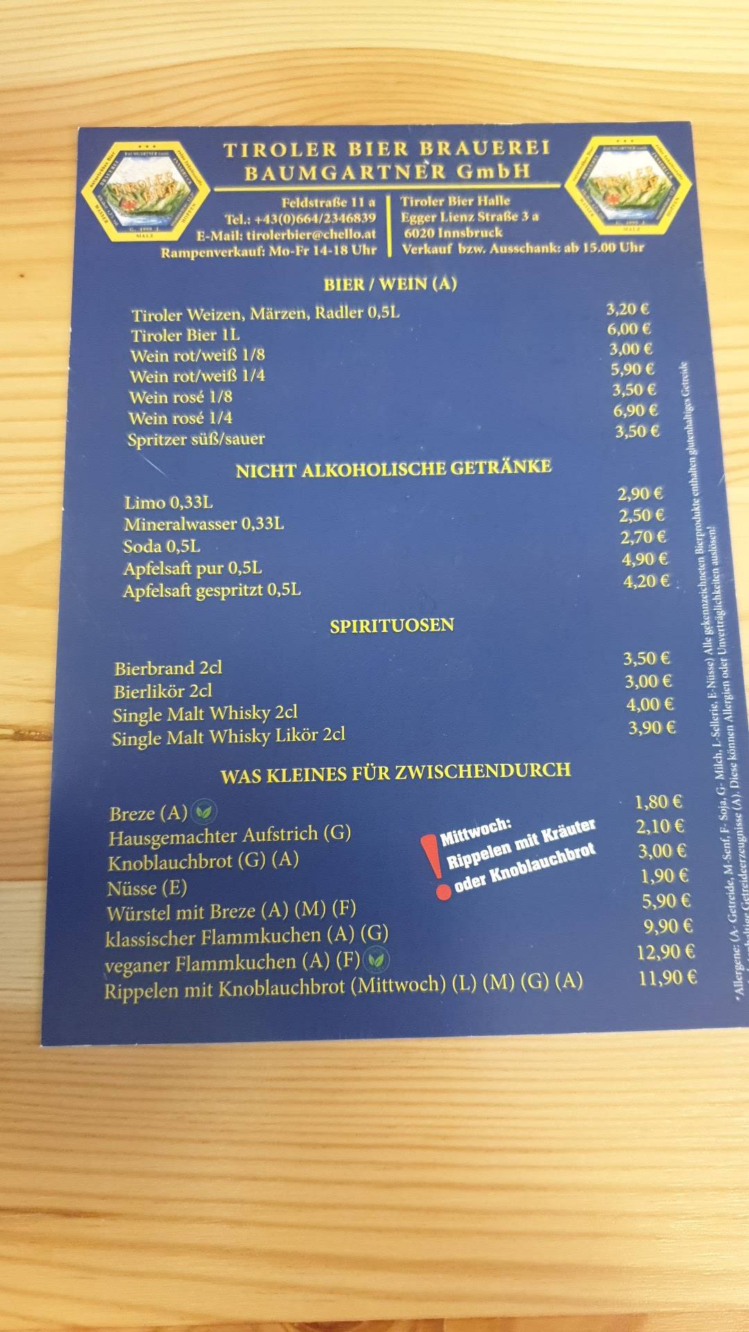 Menu au Tiroler Bier Halle pub et bar, Innsbruck
