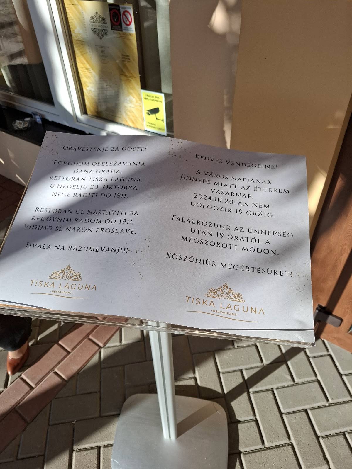 Menu at Tiska Laguna restaurant, Kanjiža