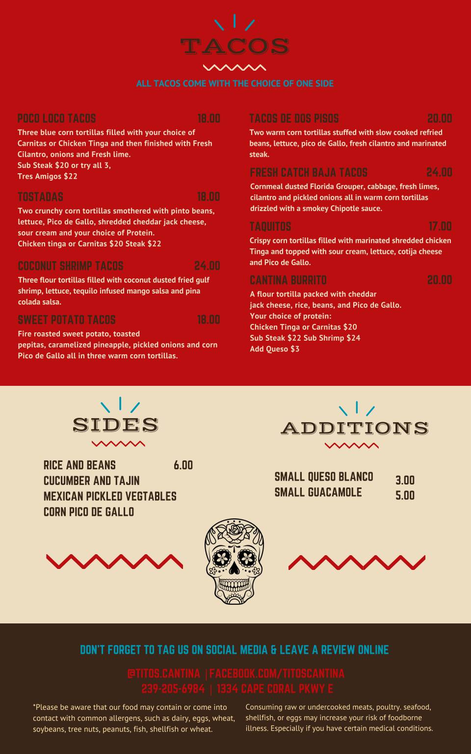Menu at Tito's Cantina Tequila Bar & Grille, Cape Coral