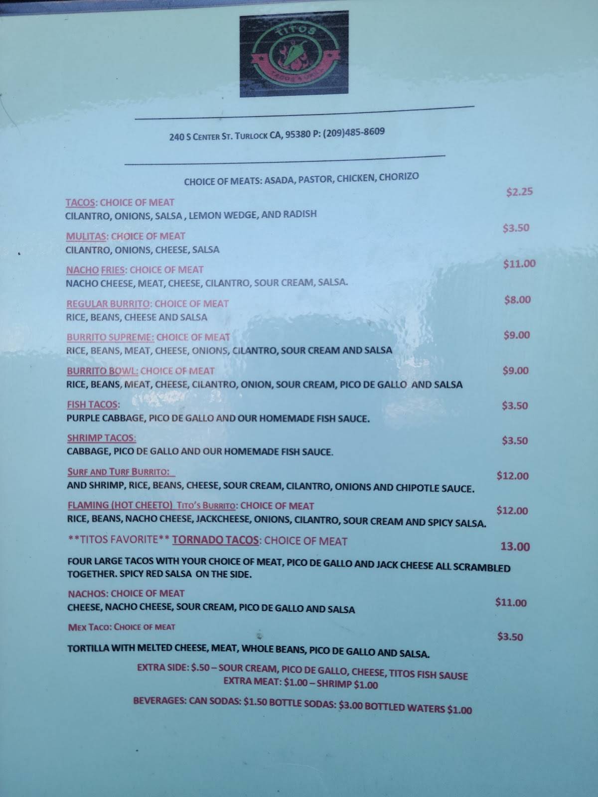 Menu at Titos Tacos and Grill Inc. restaurant, Turlock