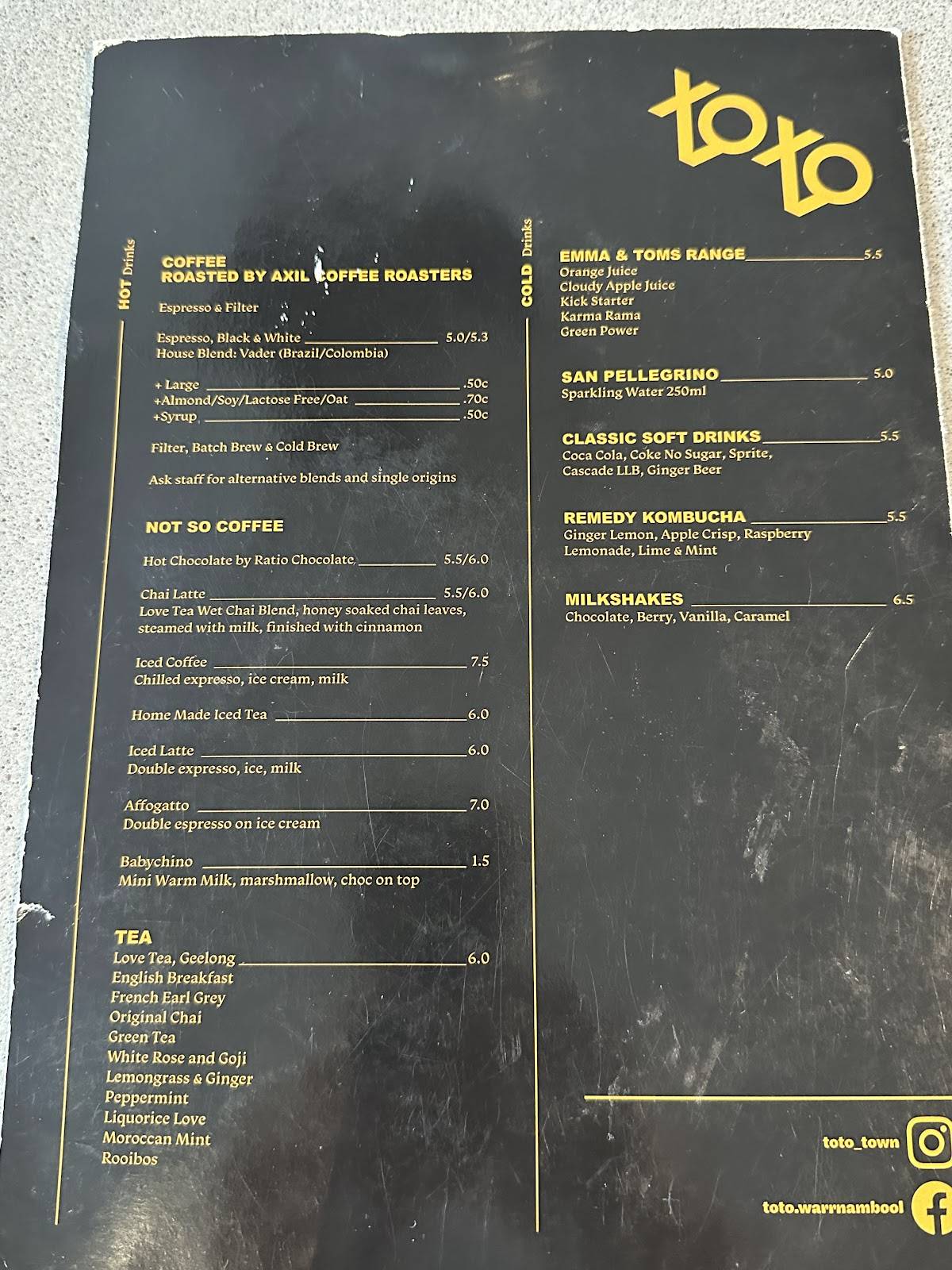 Menu at ToTo Town cafe, Warrnambool
