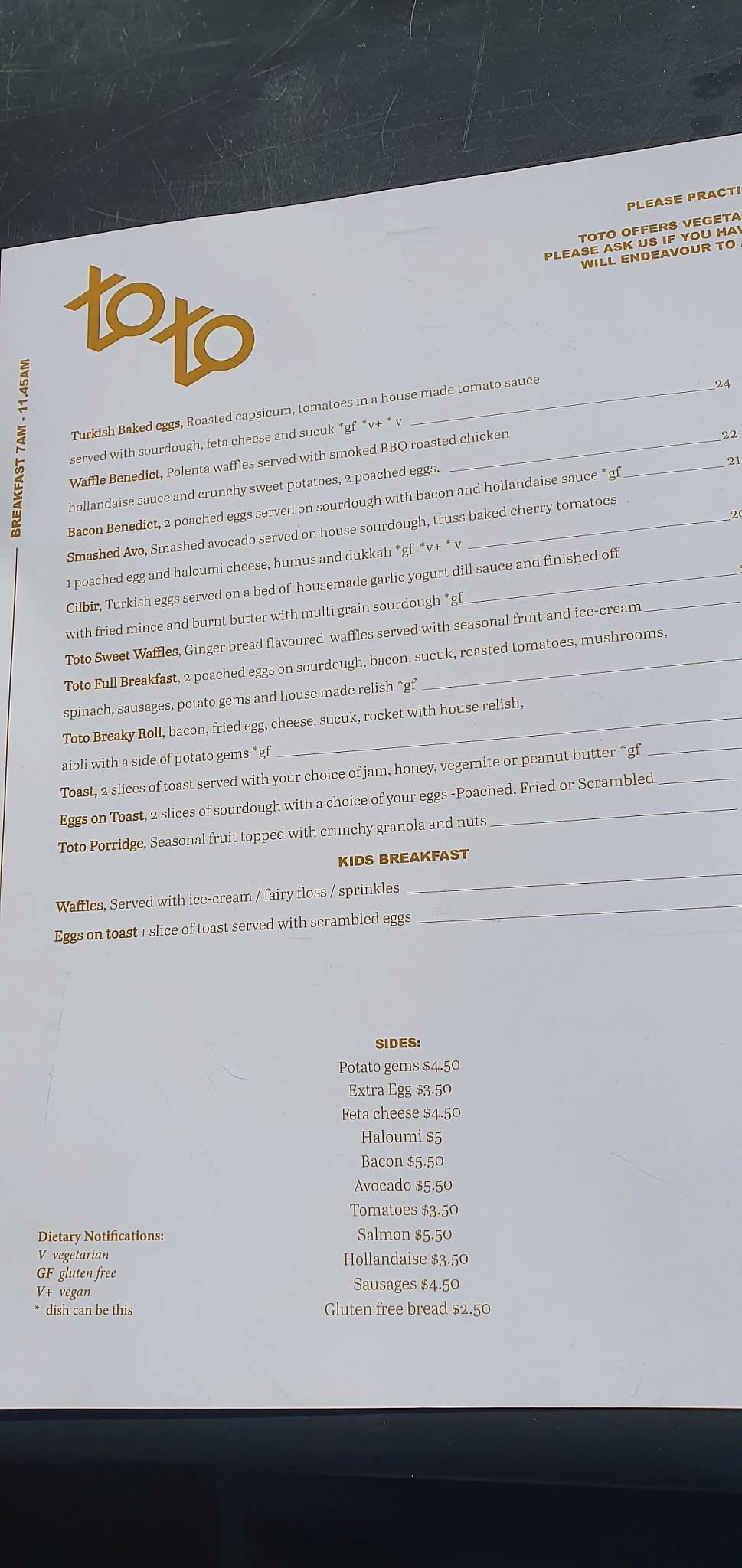Menu at ToTo Town cafe, Warrnambool
