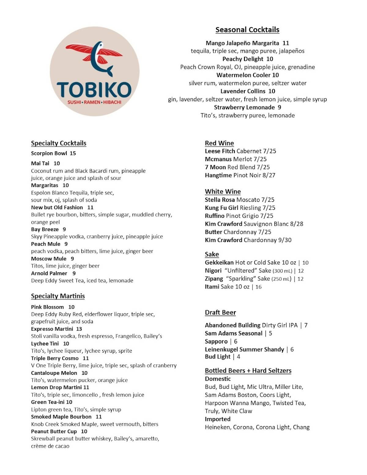Menu at Tobiko Sushi restaurant, Westfield