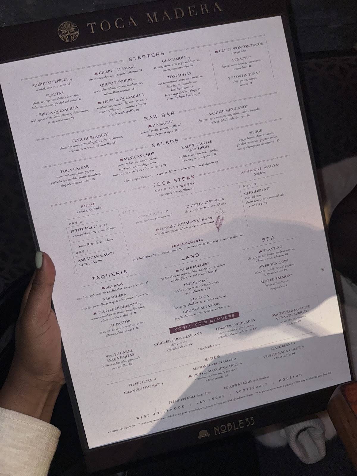 Menu at Toca Madera West Hollywood pub & bar, Los Angeles, W 3rd St