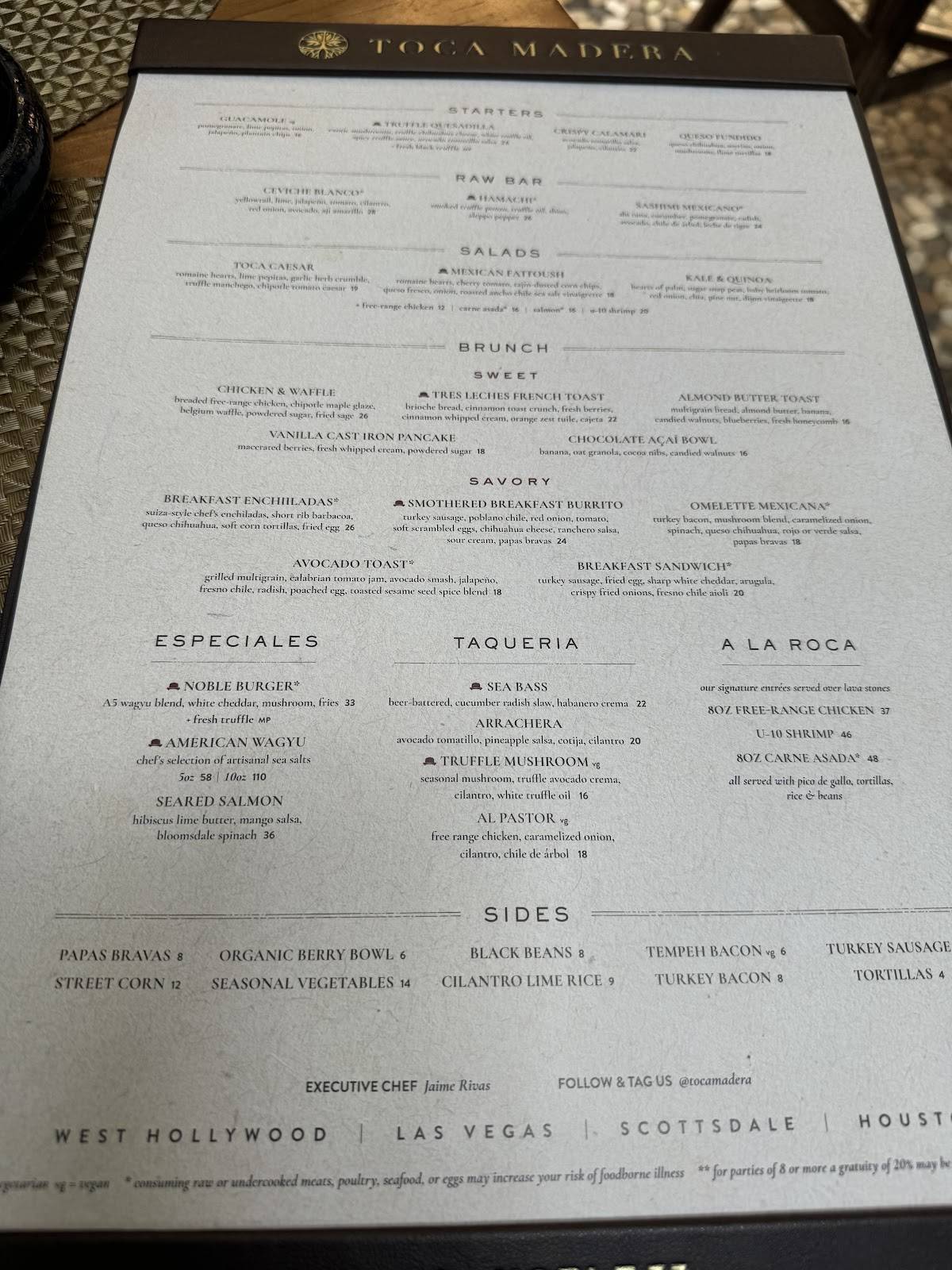 Menu at Toca Madera West Hollywood pub & bar, Los Angeles, W 3rd St