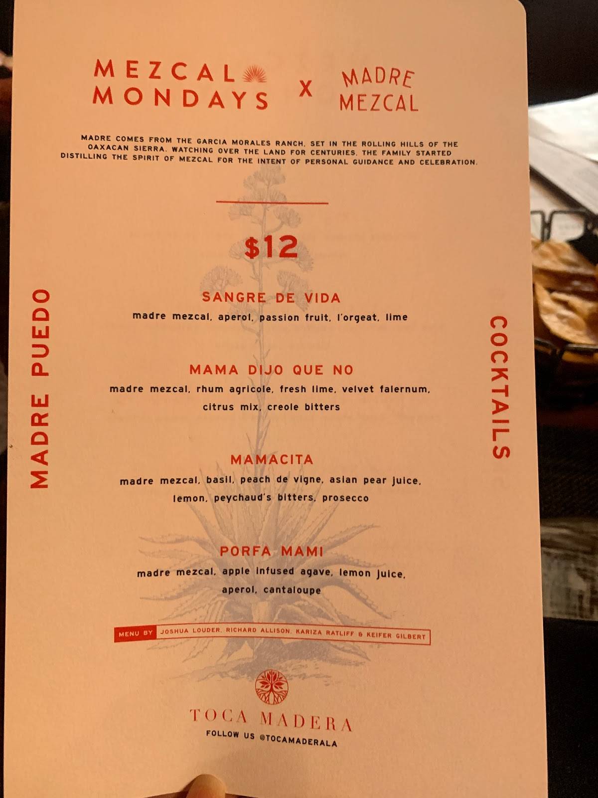 Меню паба и бара Toca Madera West Hollywood, Лос-Анджелес, W 3rd St