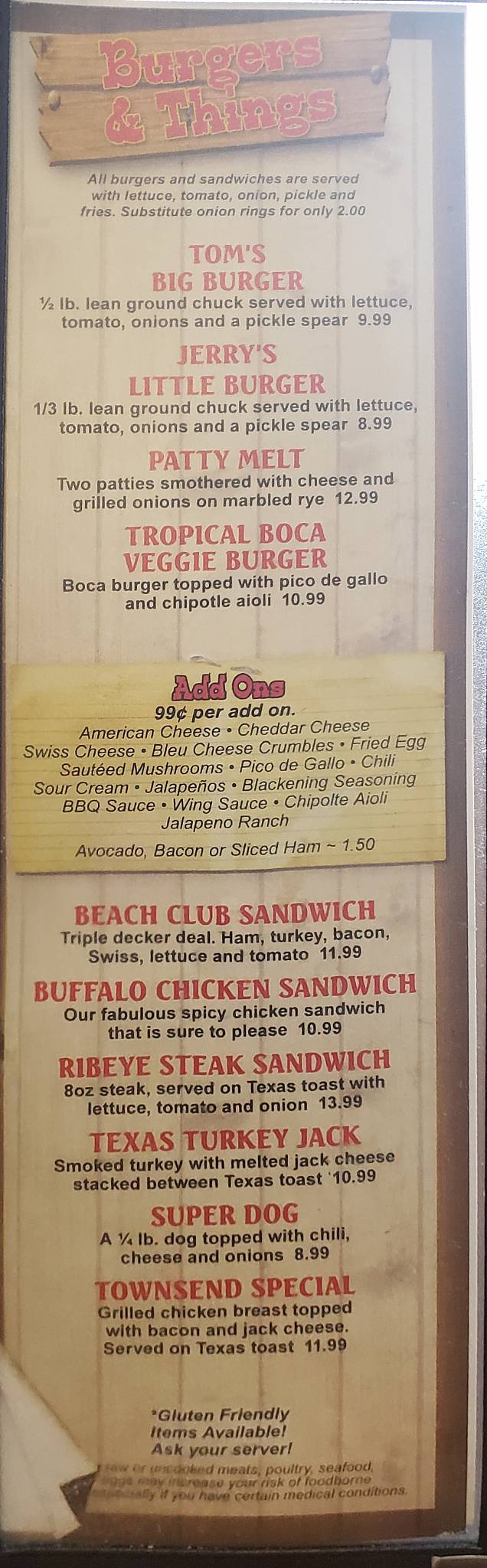 Menu at Tom and Jerry's, Bar & Grill, South Padre Island
