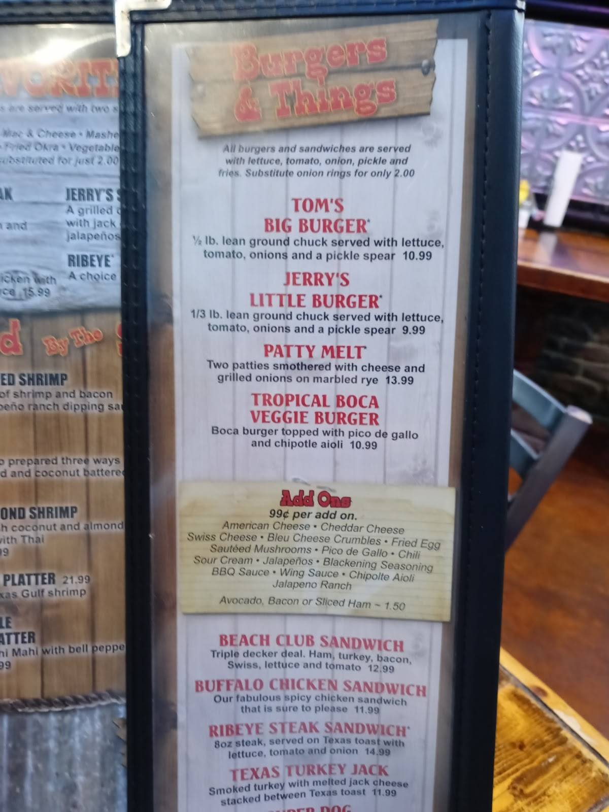 Menu at Tom and Jerry's, Bar & Grill, South Padre Island