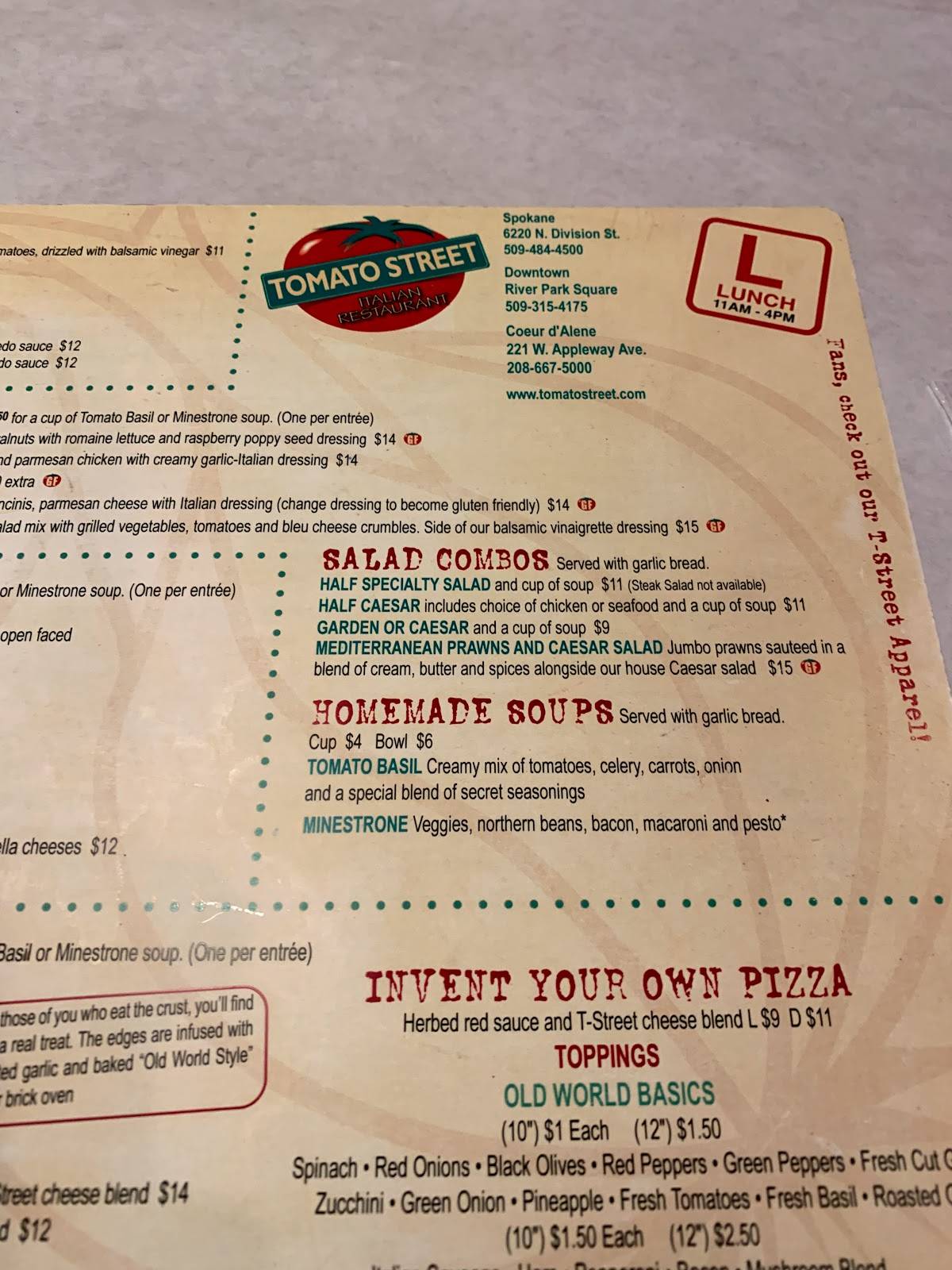 Menu at Tomato Street North Division pizzeria, Spokane, N Division St