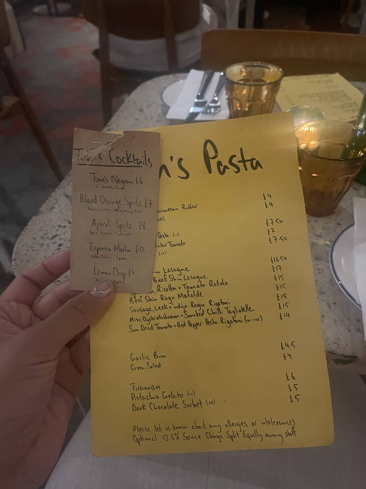 Menu at Tom's Pasta restaurant, London