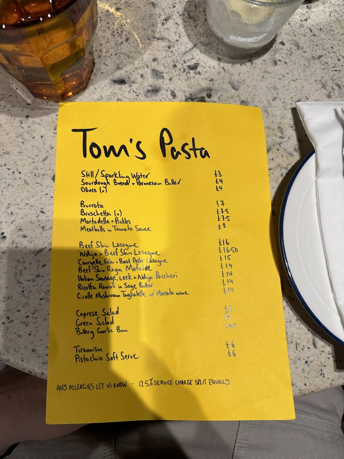Menu at Tom's Pasta restaurant, London