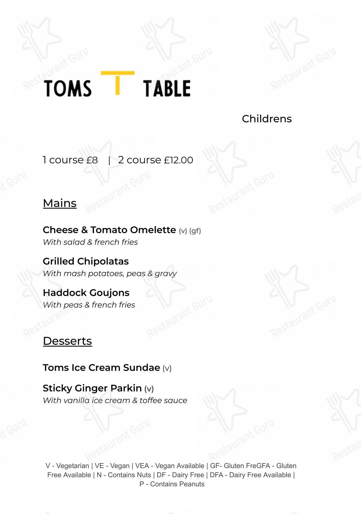 Menu at Toms Table cafe, Clitheroe