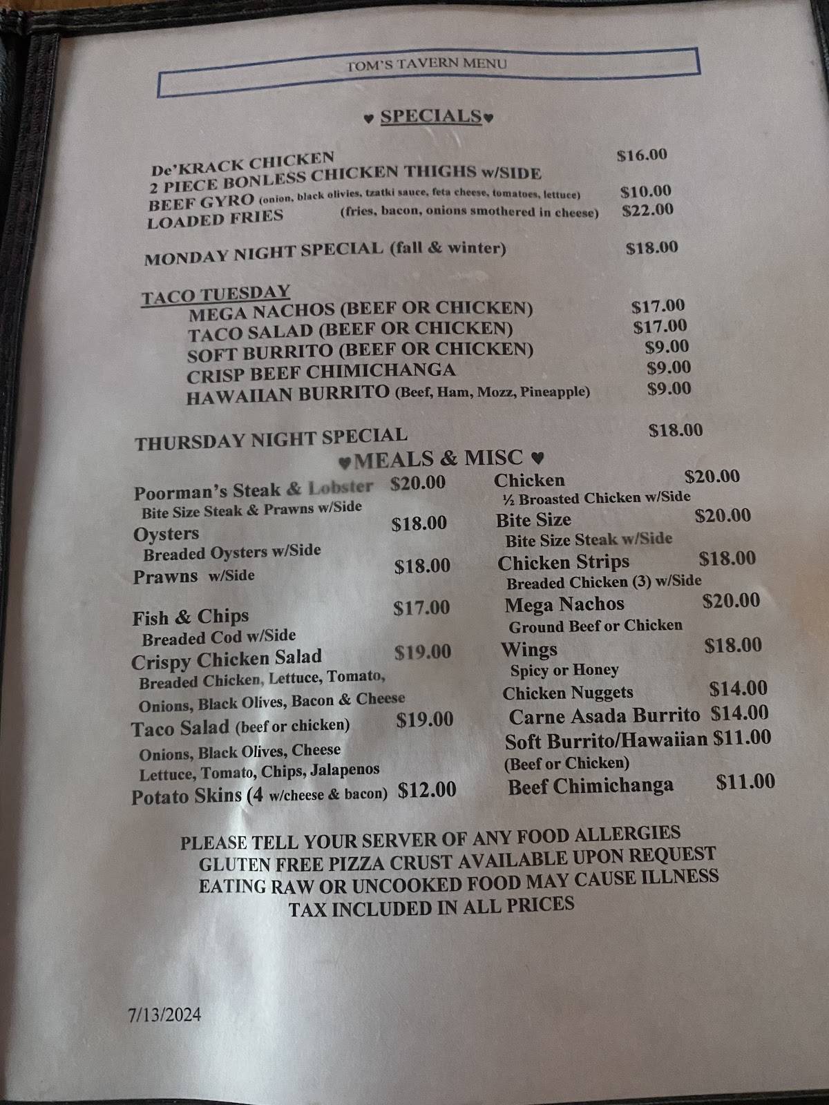 Menu at Tom's Tavern pub & bar, Elk River