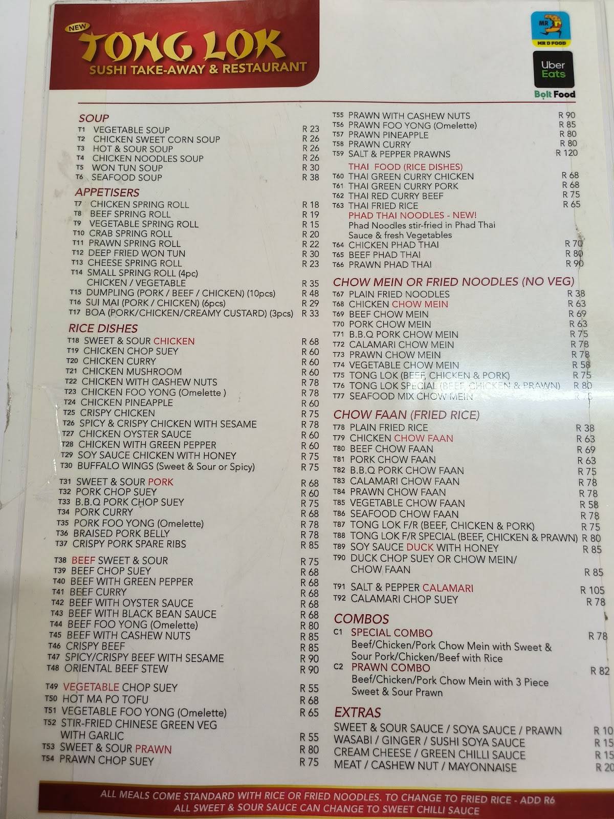 Menu at Tong Lok restaurant, New Redruth, Alberton Crossing