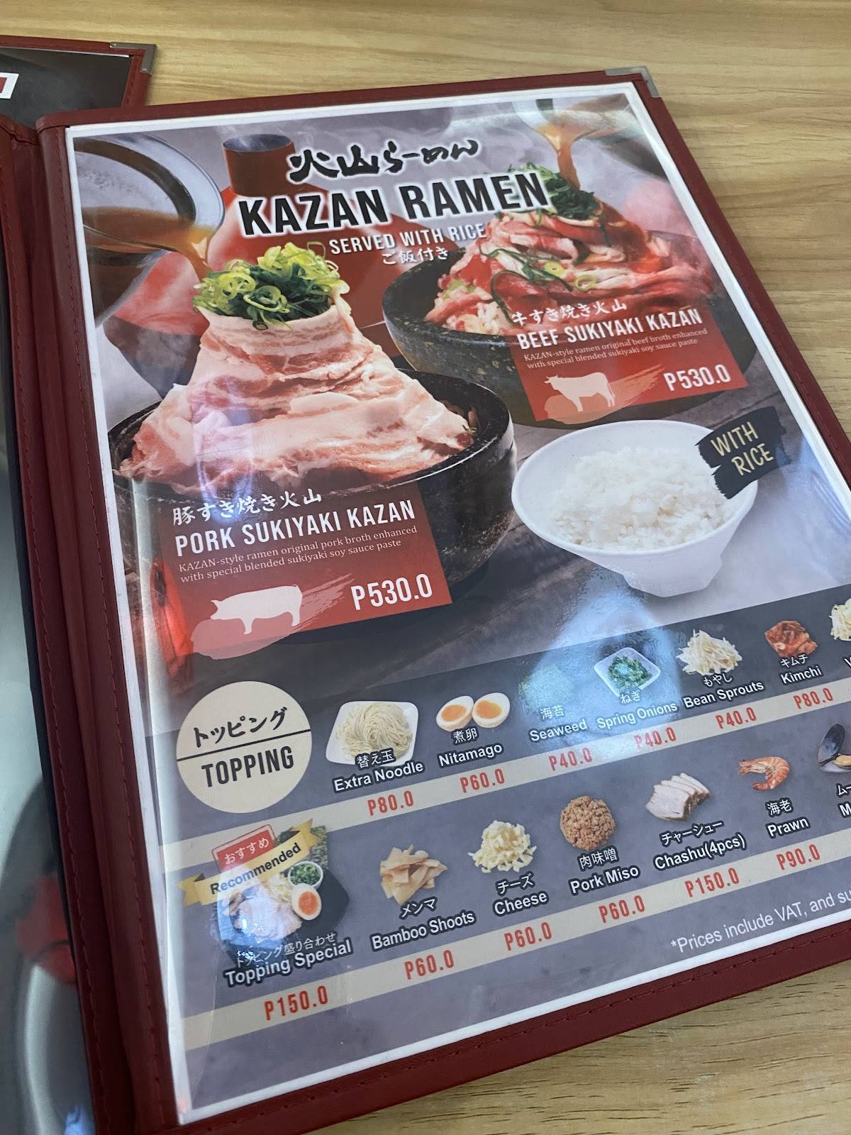 Carta del restaurante Tonkotsu Kazan Ramen SM City Fairview, Ciudad Quezon