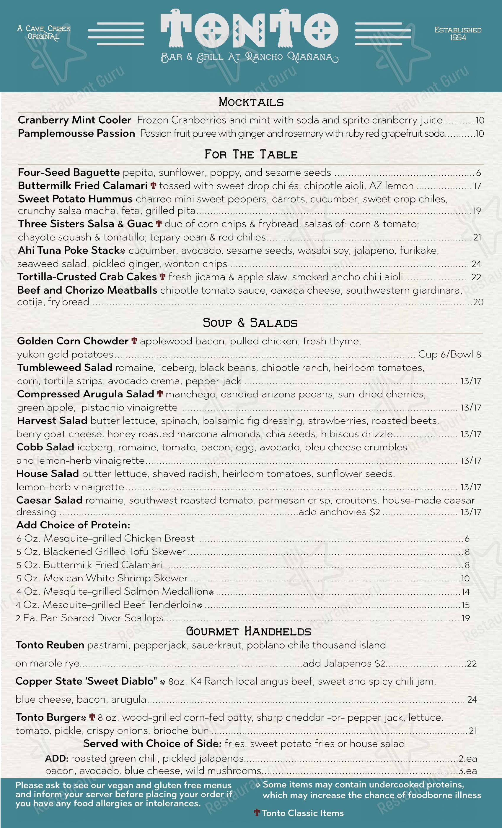 Menu at Tonto Bar & Grill, Cave Creek