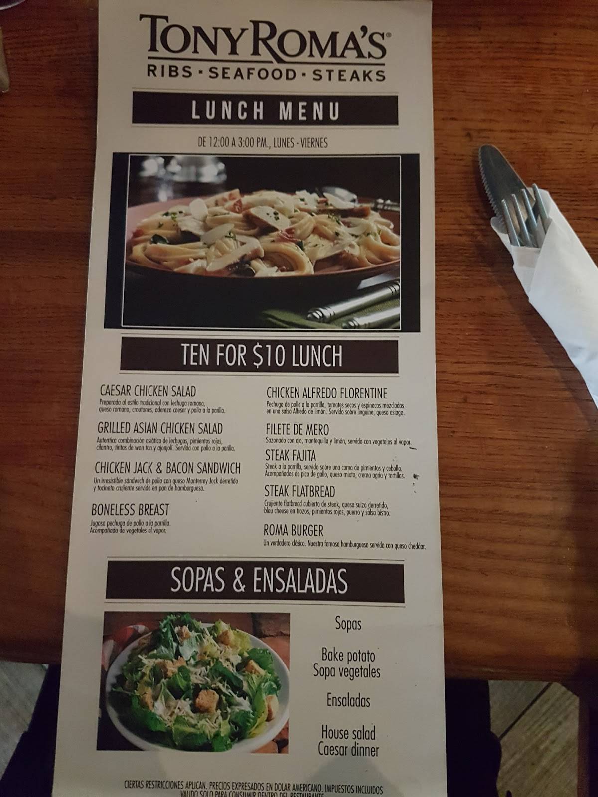 Menu at Tony Roma's restaurant, Santo Domingo, Acropolis Center