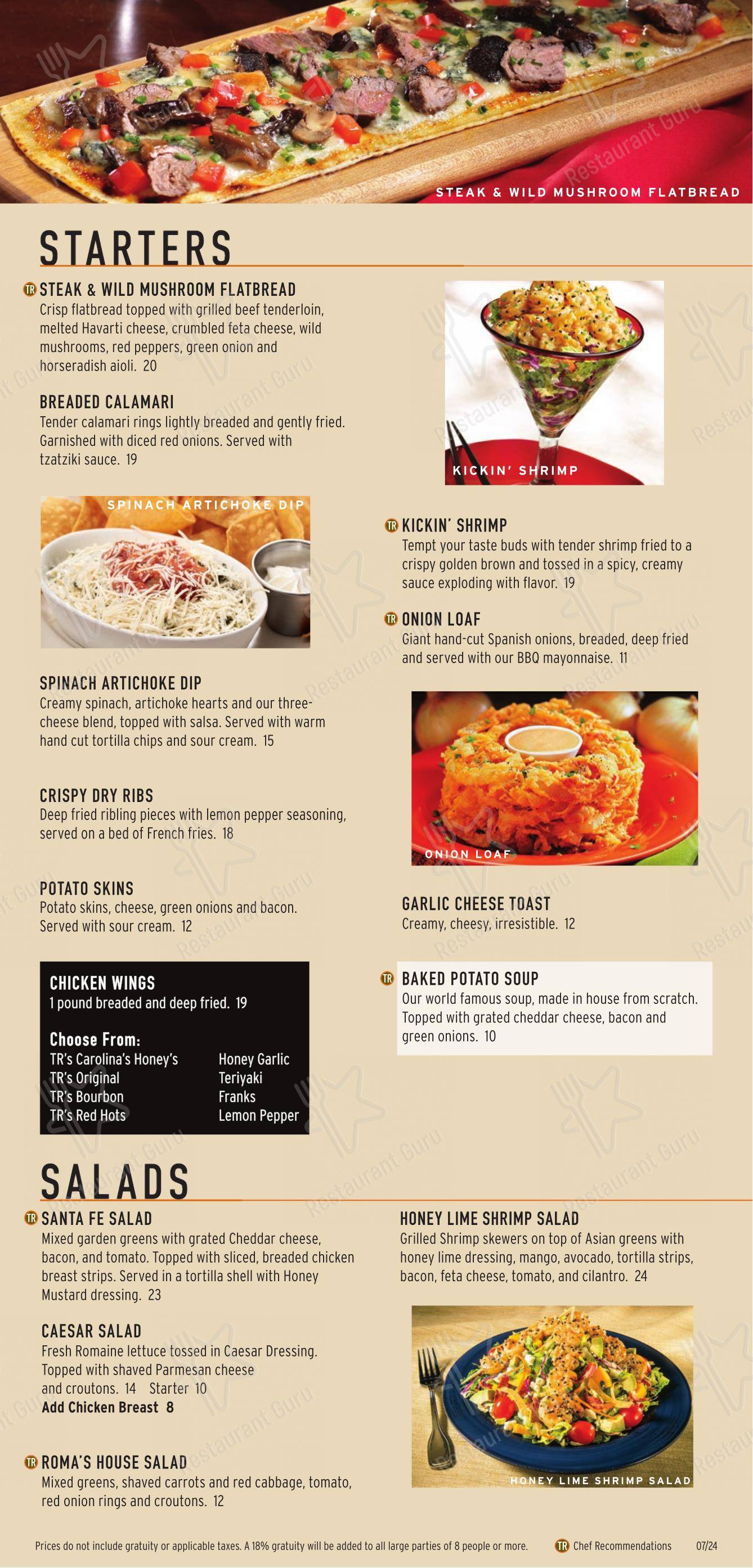 Menu at Tony Roma's restaurant, Winnipeg, 656 St James St