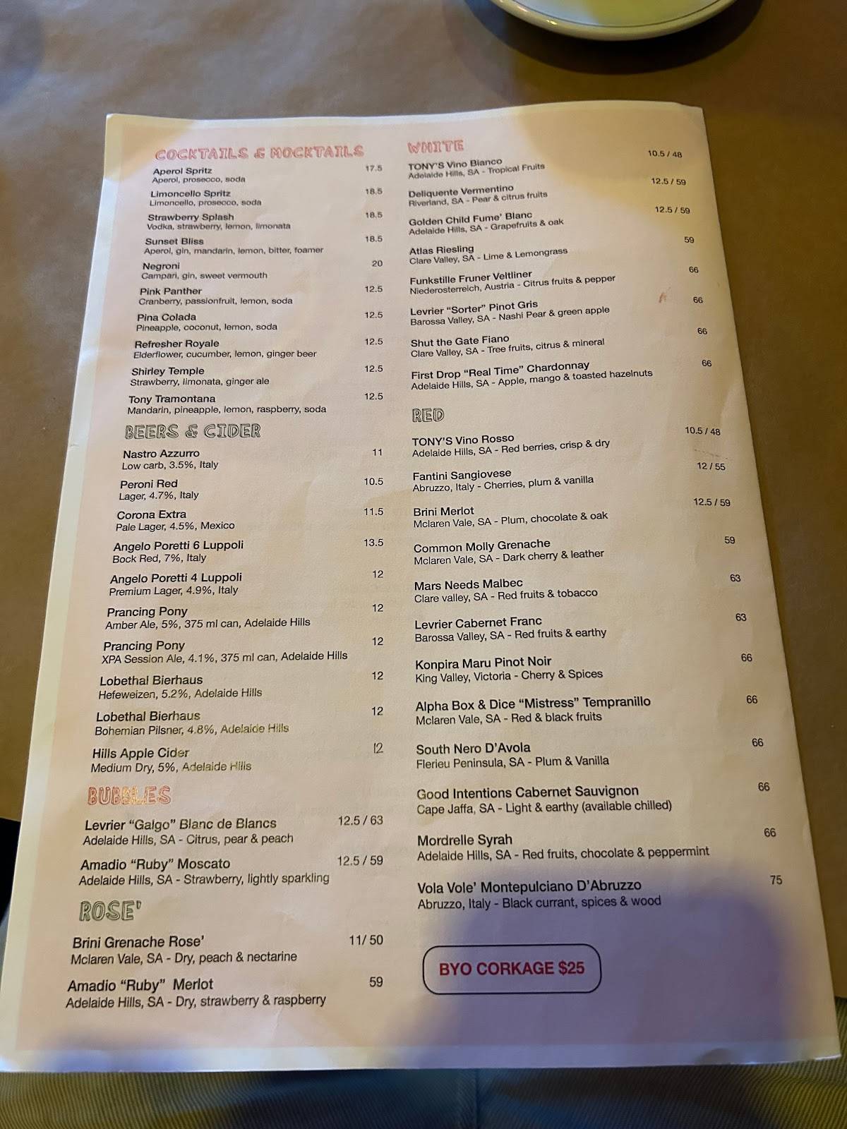 Menu at Tony Tomatoes pizzeria, North Adelaide, 155-157 O'Connell St