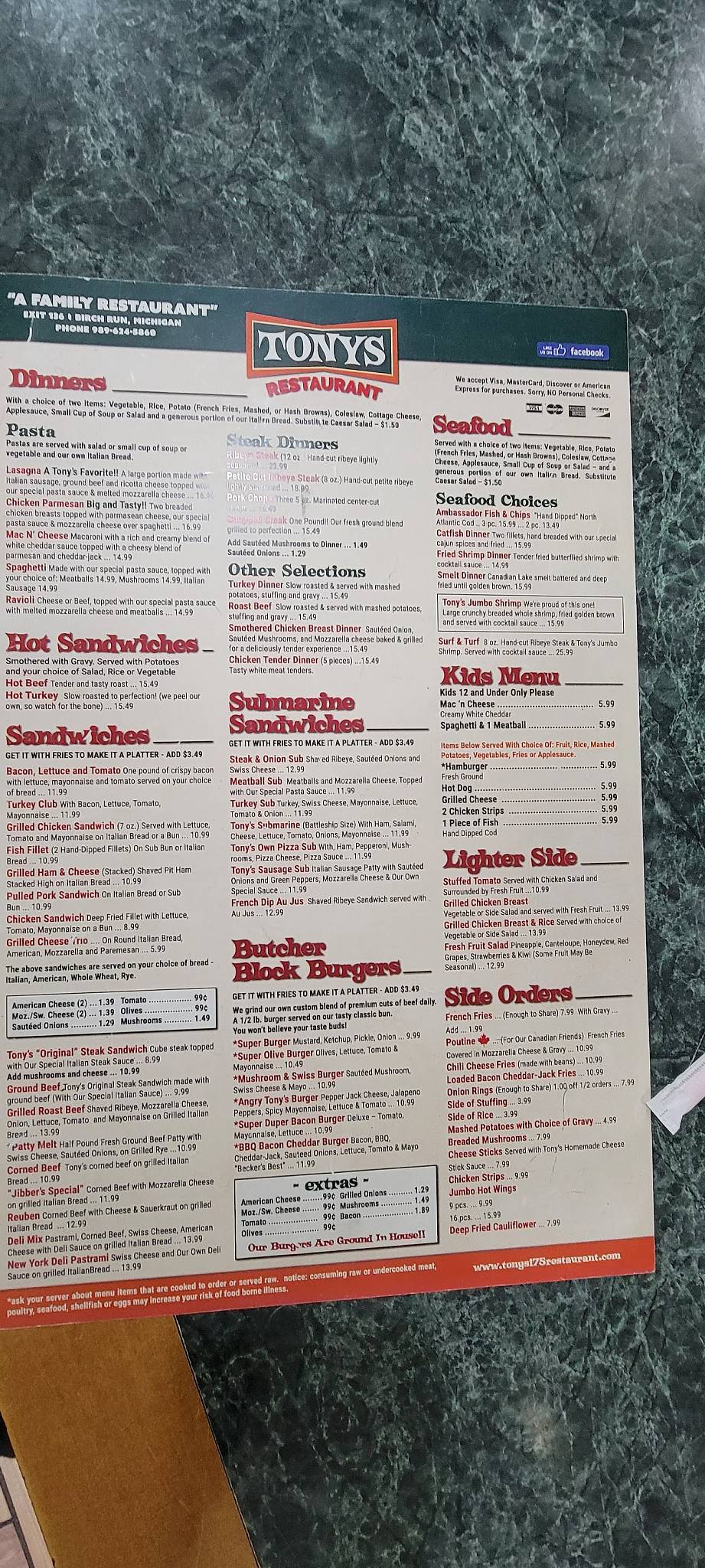 Menu at Tony's I75 Restaurant, Birch Run