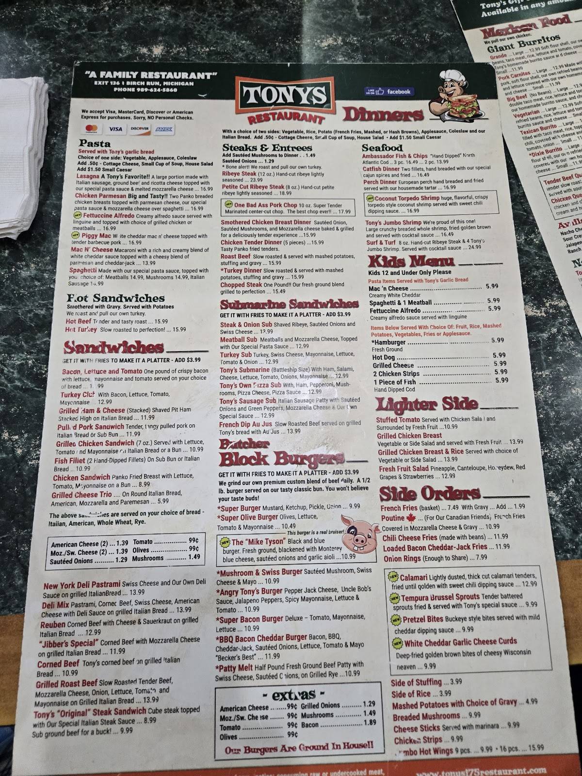 Menu at Tony's I75 Restaurant, Birch Run