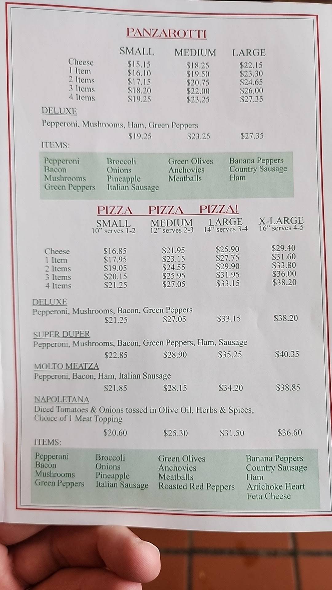 Menu at Tony's Pizza pizzeria, London, 980 Dundas St