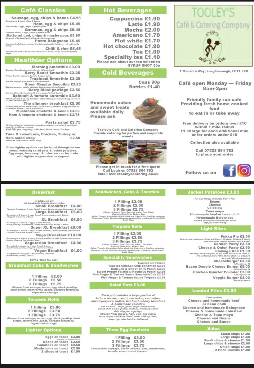 Menu at Tooley’s Café & Catering Company cafe, Loughborough