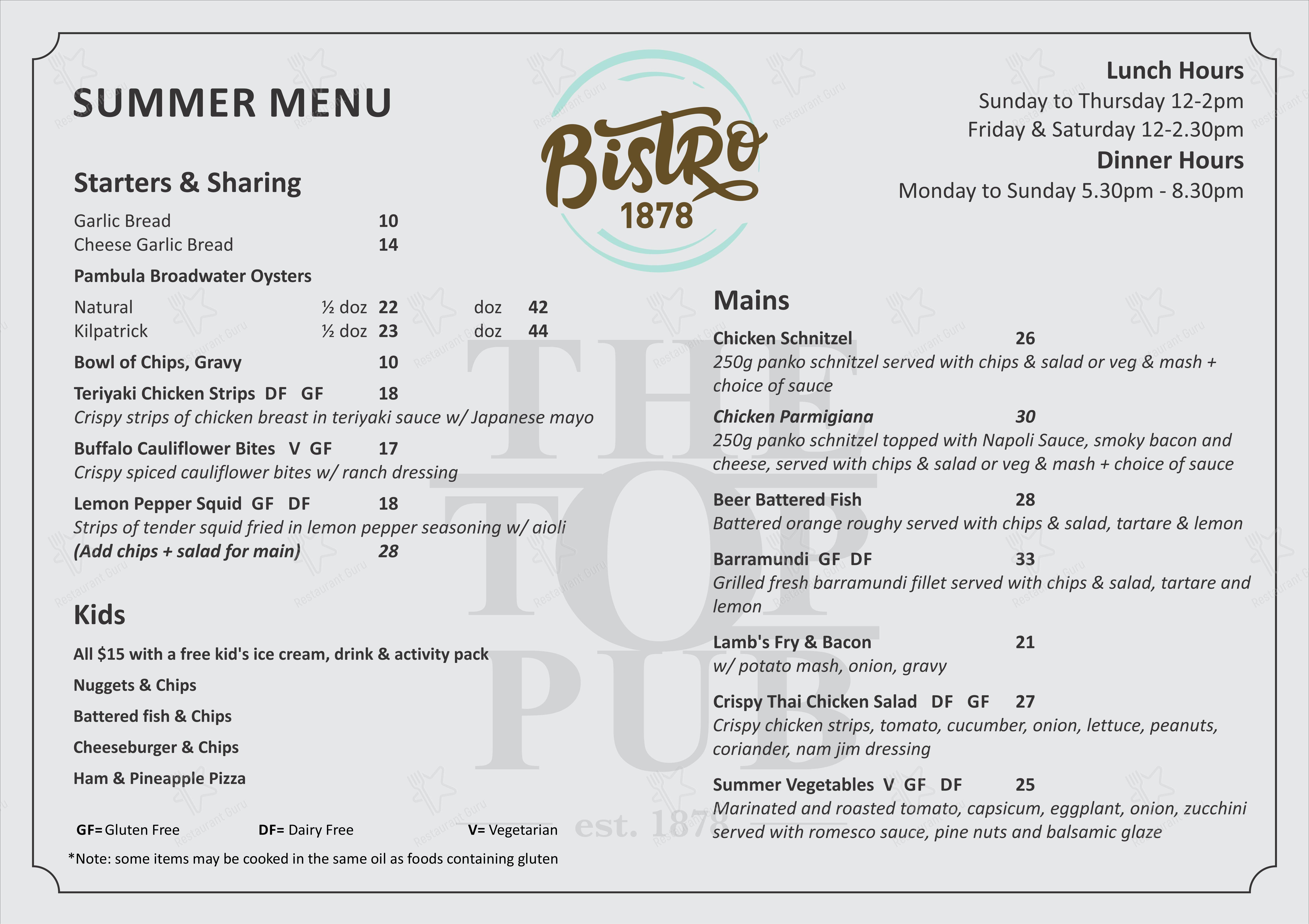 Menu at Top Pub Commercial Hotel, Pambula