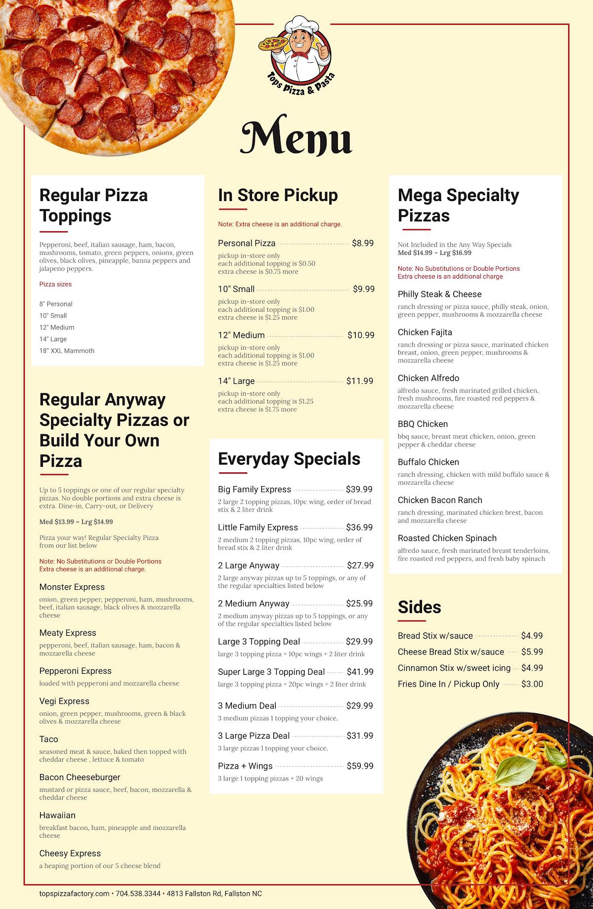 Menu at Tops Pizza & Pasta pizzeria, Fallston, Fallston Rd