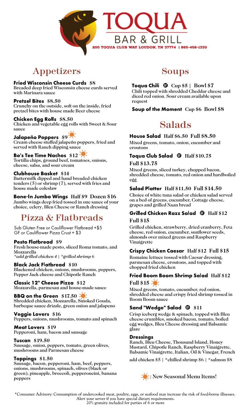 Menu at Toqua Bar & Grill, Loudon, 200 Toqua Club Way #2334