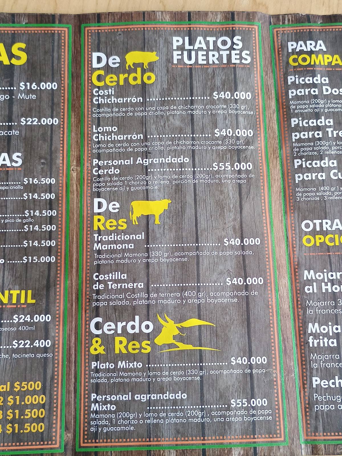 Carta del restaurante Toro Azul, Bogotá, Cra. 24 #70a-63