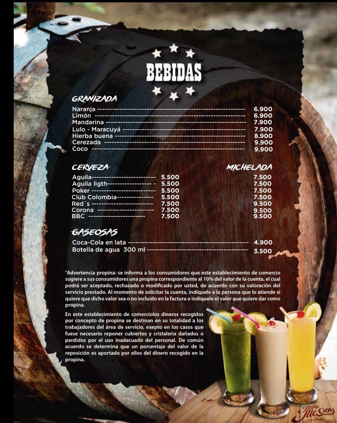 Carta del restaurante Toro McCoy Las Américas, Bogotá